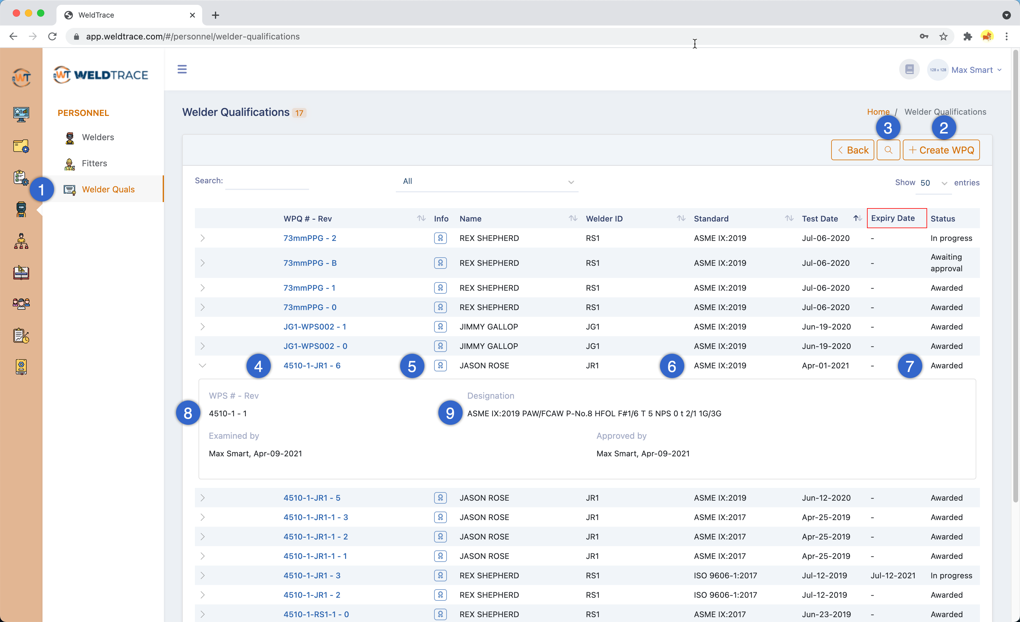 Code compliant welder qualifications in WeldTrace